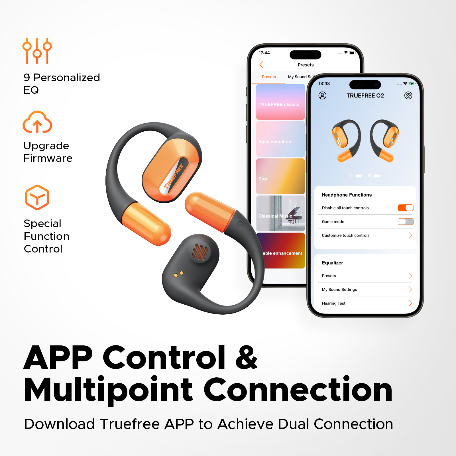 Truefree O2 Open Ear Headphones Ultra-Light, IPX5 Waterproof, 22H Playtime, Multipoint, App ...